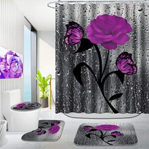 Poedist 5 Pcs Grey Bathroom Decor Set,Shower Curtain Sets with Rugs,Include Bath Towel,U Mat,Toilet Lid Cover & Bath Mat,with 12 Hooks,Creative Purple Rose