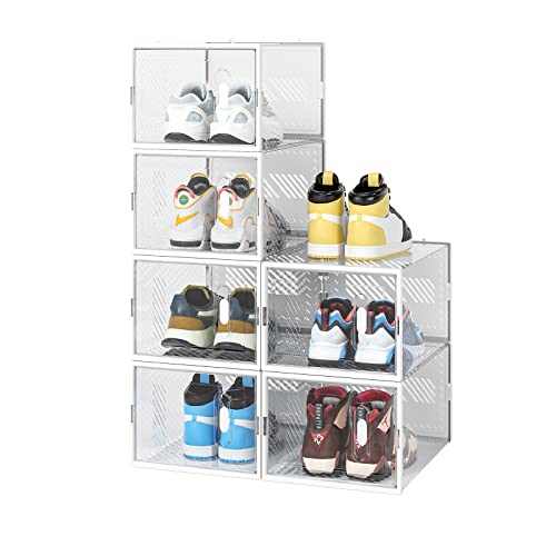 Shoe Storage Boxes Shoe Organizer for Closet, 6 Pack Shoe Boxes Clear Plastic Stackable Shoe Containers Under Bed Shoe Storage Foldable Sneaker Containers Bins Shoe Holder for Entryway, Closet Floor, Drop Front, Fit up to US Size 14