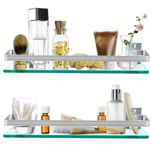 Sanbege Tempered Glass Bathroom Shelf with Rail, 15" x 4.5" Rectangular Shower Caddy, Wall Mount Floating Shampoo Holder for Lavatory, Kitchen, Living Room