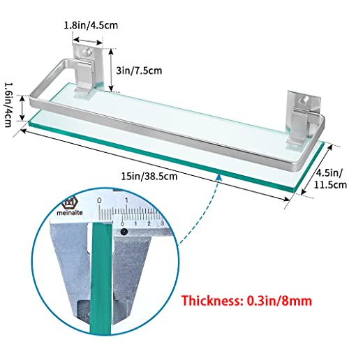 Sanbege Tempered Glass Bathroom Shelf with Rail, 15" x 4.5" Rectangular Shower Caddy, Wall Mount Floating Shampoo Holder for Lavatory, Kitchen, Living Room