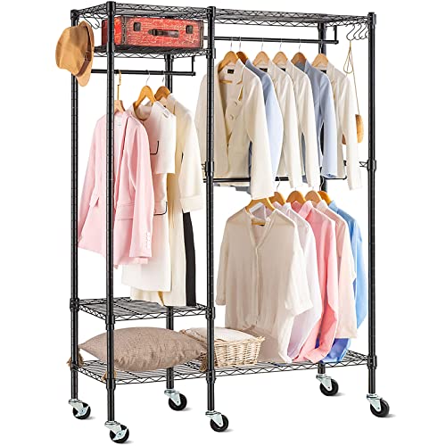 BRIAN & DANY Free-standing Closet Garment Rack, Heavy Duty Clothes Wardrobe, Rolling Clothes Rack, Closet Storage Organizer with Hanger Bar, Contains 10 hooks, Black, 47.72" L x 17.99" W x 70.87" H