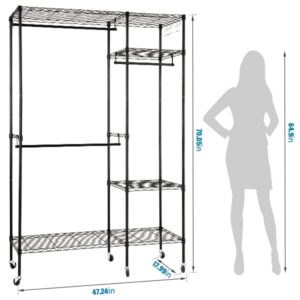 BRIAN & DANY Free-standing Closet Garment Rack, Heavy Duty Clothes Wardrobe, Rolling Clothes Rack, Closet Storage Organizer with Hanger Bar, Contains 10 hooks, Black, 47.72" L x 17.99" W x 70.87" H