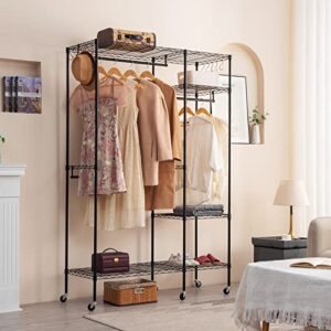 BRIAN & DANY Free-standing Closet Garment Rack, Heavy Duty Clothes Wardrobe, Rolling Clothes Rack, Closet Storage Organizer with Hanger Bar, Contains 10 hooks, Black, 47.72" L x 17.99" W x 70.87" H