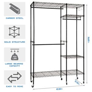 BRIAN & DANY Free-standing Closet Garment Rack, Heavy Duty Clothes Wardrobe, Rolling Clothes Rack, Closet Storage Organizer with Hanger Bar, Contains 10 hooks, Black, 47.72" L x 17.99" W x 70.87" H