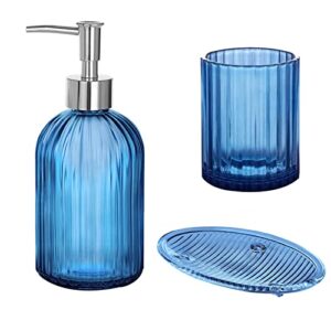 gaoyh blue bathroom accessory set 3 piece, heavy duty blue vertical stripes pattern glass bathroom accessory set,decorative glass bathroom accessories include hand soap dispenser,soap dish, tumbler