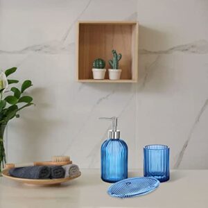 GAOYH Blue Bathroom Accessory Set 3 Piece, Heavy Duty Blue Vertical Stripes Pattern Glass Bathroom Accessory Set,Decorative Glass Bathroom Accessories Include Hand Soap Dispenser,Soap Dish, Tumbler