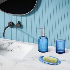 GAOYH Blue Bathroom Accessory Set 3 Piece, Heavy Duty Blue Vertical Stripes Pattern Glass Bathroom Accessory Set,Decorative Glass Bathroom Accessories Include Hand Soap Dispenser,Soap Dish, Tumbler