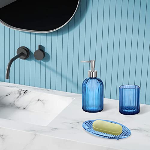 GAOYH Blue Bathroom Accessory Set 3 Piece, Heavy Duty Blue Vertical Stripes Pattern Glass Bathroom Accessory Set,Decorative Glass Bathroom Accessories Include Hand Soap Dispenser,Soap Dish, Tumbler