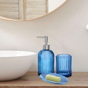 GAOYH Blue Bathroom Accessory Set 3 Piece, Heavy Duty Blue Vertical Stripes Pattern Glass Bathroom Accessory Set,Decorative Glass Bathroom Accessories Include Hand Soap Dispenser,Soap Dish, Tumbler