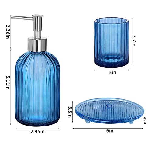 GAOYH Blue Bathroom Accessory Set 3 Piece, Heavy Duty Blue Vertical Stripes Pattern Glass Bathroom Accessory Set,Decorative Glass Bathroom Accessories Include Hand Soap Dispenser,Soap Dish, Tumbler