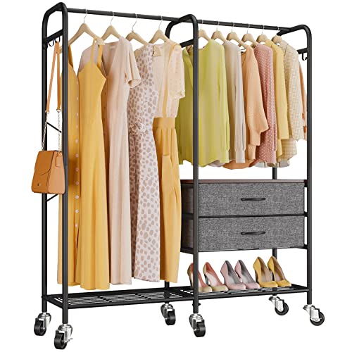 Timate P4 Rolling Clothes Rack for Hanging Clothes Portable Freestanding Garment Rack with Lockable Wheels, Heavy Duty Clothing Rack with Storage Drawers hanging Rods side Hooks Wire Shelves, Black