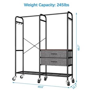 Timate P4 Rolling Clothes Rack for Hanging Clothes Portable Freestanding Garment Rack with Lockable Wheels, Heavy Duty Clothing Rack with Storage Drawers hanging Rods side Hooks Wire Shelves, Black