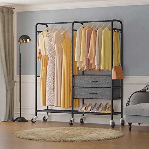 Timate P4 Rolling Clothes Rack for Hanging Clothes Portable Freestanding Garment Rack with Lockable Wheels, Heavy Duty Clothing Rack with Storage Drawers hanging Rods side Hooks Wire Shelves, Black