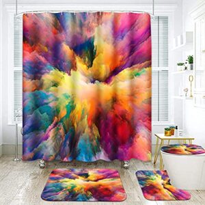 artsocket 4 pcs shower curtain set yellow red teal colorful modern abstract paintingwith non-slip rugs toilet lid cover and bath mat bathroom decor set 72" x 72"