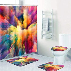 ArtSocket 4 Pcs Shower Curtain Set Yellow Red Teal Colorful Modern Abstract Paintingwith Non-Slip Rugs Toilet Lid Cover and Bath Mat Bathroom Decor Set 72" x 72"