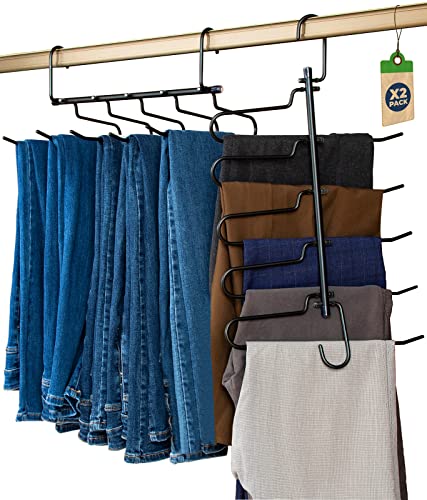 Pants Hangers Space Saving - 2 Pack Aluminum Pant Organizer for Closet Organization, Multiple Pants Hangers for Closet, Multifunctional Pants Rack Hanger, Jean Hangers, Scarf Organizer