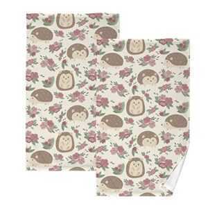 jucciaco cute hedgehogs pink flowers cotton towels for bathroom, soft absorbent hand towel set of 2 for yoga gym kitchen decorative, 16x28 inch