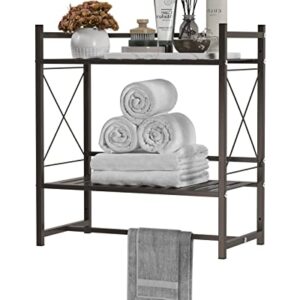 TZAMLI 2-Tier Towel Rack Wall Mounted Bathroom Shelves with Towel Bar, Floating Shelves Over Toilet, Metal Storage Shelf Shower Organizer, Brown