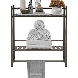 TZAMLI 2-Tier Towel Rack Wall Mounted Bathroom Shelves with Towel Bar, Floating Shelves Over Toilet, Metal Storage Shelf Shower Organizer, Brown