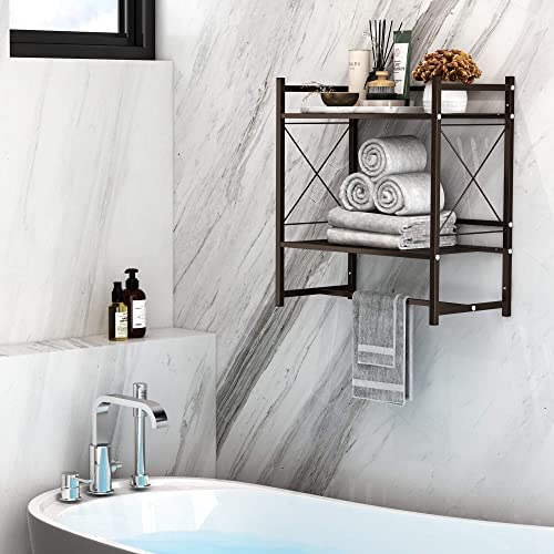 TZAMLI 2-Tier Towel Rack Wall Mounted Bathroom Shelves with Towel Bar, Floating Shelves Over Toilet, Metal Storage Shelf Shower Organizer, Brown