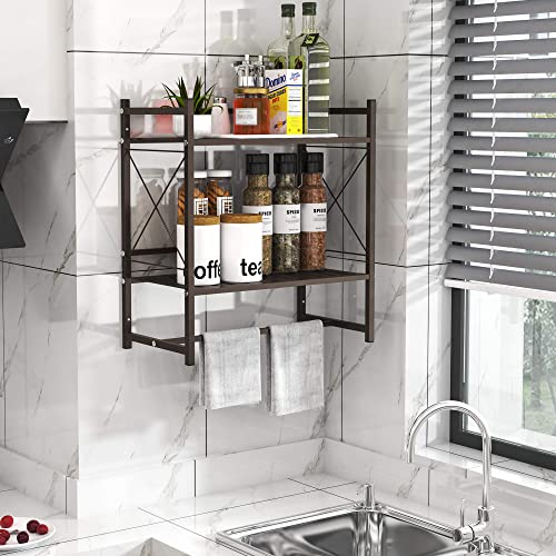 TZAMLI 2-Tier Towel Rack Wall Mounted Bathroom Shelves with Towel Bar, Floating Shelves Over Toilet, Metal Storage Shelf Shower Organizer, Brown