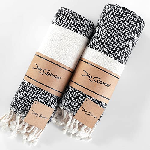 Die Caprie Turkish Hand Towels Set of 2 | 100% Cotton, 16 x 40 Inches | Decorative Bathroom Towel for Hand, Face, Gym, Yoga, Dishcloth, Kitchen and Bath(2 Hand Towels, Black)