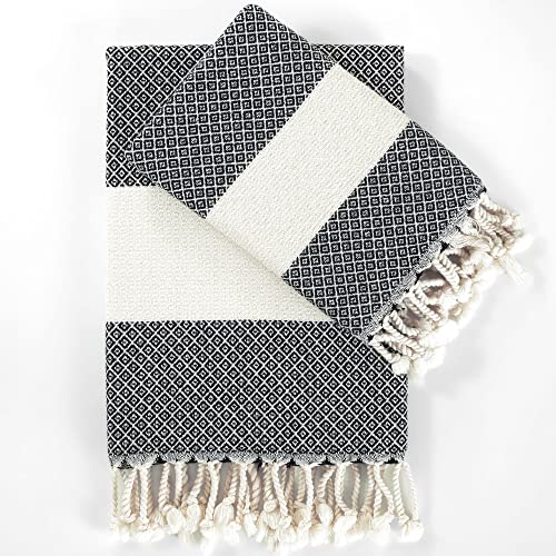 Die Caprie Turkish Hand Towels Set of 2 | 100% Cotton, 16 x 40 Inches | Decorative Bathroom Towel for Hand, Face, Gym, Yoga, Dishcloth, Kitchen and Bath(2 Hand Towels, Black)