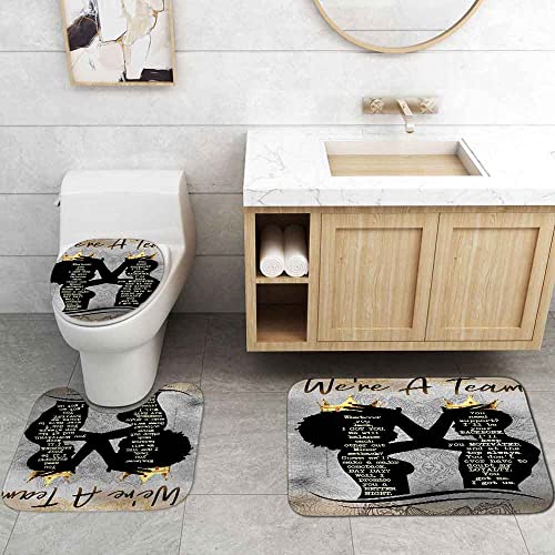 Fashion&Man OLEBETY 4PCS African American Shower Curtain Set, RomanticCouple Black Queen King Luxury GoldCrown Grey Mandala Flower Inspirational Quotes Bathroom Decor, Non-Slip Bath Mat, We're A Team