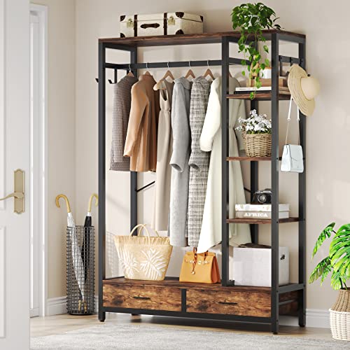 Tribesigns Freestanding Closet Organizer, 70.9" Coat Rack with 2 Drawers, Hall Tree with 6 Hooks and Shelves, Industrial Clothes Garment Rack with Hanging Rod for Entryway, Bedroom, Living Room