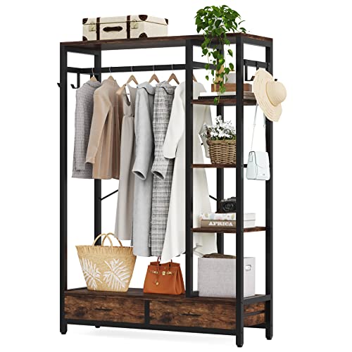 Tribesigns Freestanding Closet Organizer, 70.9" Coat Rack with 2 Drawers, Hall Tree with 6 Hooks and Shelves, Industrial Clothes Garment Rack with Hanging Rod for Entryway, Bedroom, Living Room