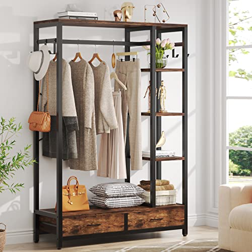 Tribesigns Freestanding Closet Organizer, 70.9" Coat Rack with 2 Drawers, Hall Tree with 6 Hooks and Shelves, Industrial Clothes Garment Rack with Hanging Rod for Entryway, Bedroom, Living Room