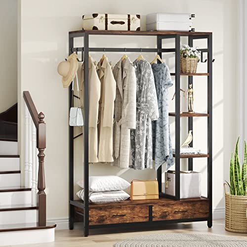 Tribesigns Freestanding Closet Organizer, 70.9" Coat Rack with 2 Drawers, Hall Tree with 6 Hooks and Shelves, Industrial Clothes Garment Rack with Hanging Rod for Entryway, Bedroom, Living Room