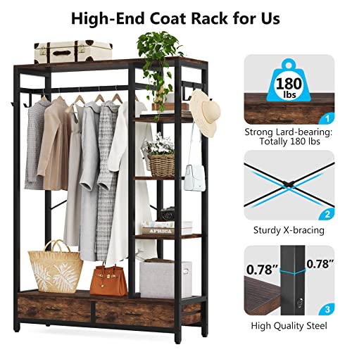 Tribesigns Freestanding Closet Organizer, 70.9" Coat Rack with 2 Drawers, Hall Tree with 6 Hooks and Shelves, Industrial Clothes Garment Rack with Hanging Rod for Entryway, Bedroom, Living Room