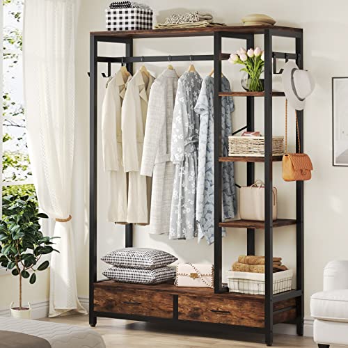 Tribesigns Freestanding Closet Organizer, 70.9" Coat Rack with 2 Drawers, Hall Tree with 6 Hooks and Shelves, Industrial Clothes Garment Rack with Hanging Rod for Entryway, Bedroom, Living Room