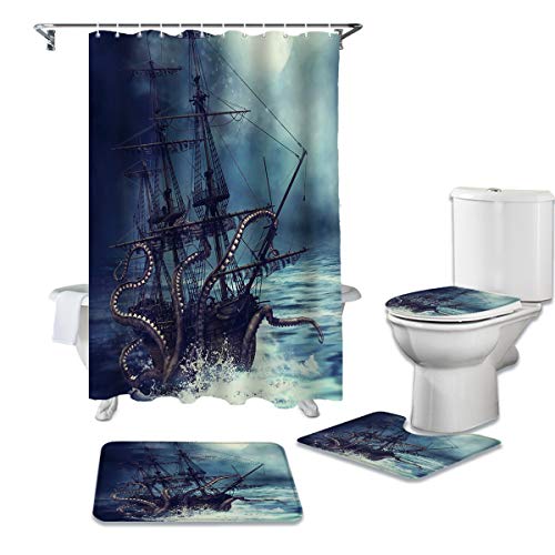 BestLives 4 Pcs Shower Curtain Sets with Rugs Ocean Kraken Octopus Sailboat Non-Slip Soft Toilet Lid Cover for Bathroom Retro Sketching Bathroom Sets with Bath Mat and 12 Hooks