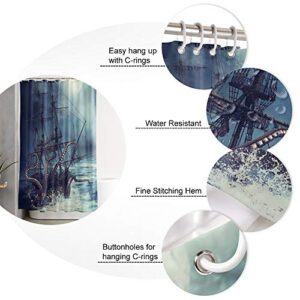 BestLives 4 Pcs Shower Curtain Sets with Rugs Ocean Kraken Octopus Sailboat Non-Slip Soft Toilet Lid Cover for Bathroom Retro Sketching Bathroom Sets with Bath Mat and 12 Hooks