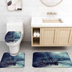 BestLives 4 Pcs Shower Curtain Sets with Rugs Ocean Kraken Octopus Sailboat Non-Slip Soft Toilet Lid Cover for Bathroom Retro Sketching Bathroom Sets with Bath Mat and 12 Hooks