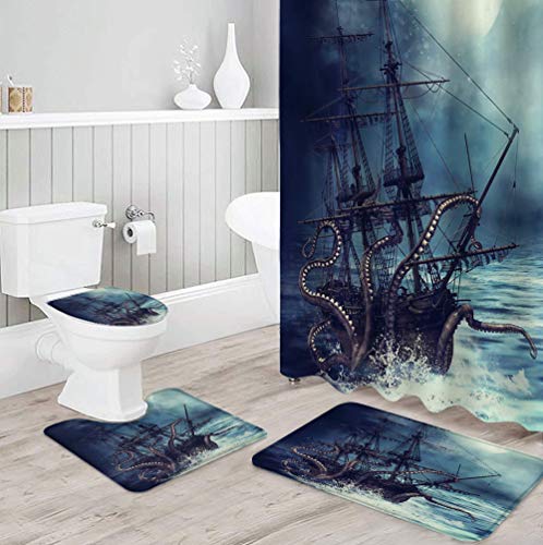 BestLives 4 Pcs Shower Curtain Sets with Rugs Ocean Kraken Octopus Sailboat Non-Slip Soft Toilet Lid Cover for Bathroom Retro Sketching Bathroom Sets with Bath Mat and 12 Hooks