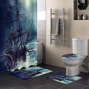 BestLives 4 Pcs Shower Curtain Sets with Rugs Ocean Kraken Octopus Sailboat Non-Slip Soft Toilet Lid Cover for Bathroom Retro Sketching Bathroom Sets with Bath Mat and 12 Hooks