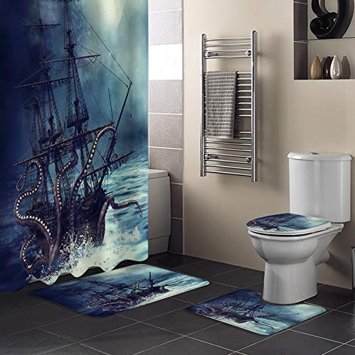 BestLives 4 Pcs Shower Curtain Sets with Rugs Ocean Kraken Octopus Sailboat Non-Slip Soft Toilet Lid Cover for Bathroom Retro Sketching Bathroom Sets with Bath Mat and 12 Hooks