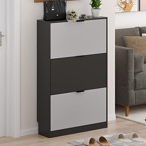 Homsee Shoe Storage Cabinet with 3 Flip Down Drawers, 3-Tier Wood Shoe Rack Organizer for Entryway, Hallway & Closet, Dark Grey & Light Gray (31.5”L x 9.4”W x 49.2”H)