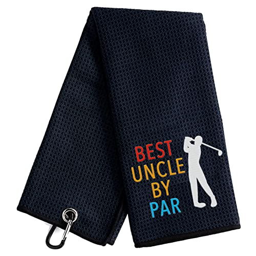 Nuree Best Uncle by Par Funny Black Golf Towel, Embroidered Golf Towels with Clip for Uncle, Men, Golfer, Golf Lover, Retirement Christmas Birthday Gifts