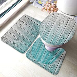 wondertify wood panels bathroom antiskid pad digital tones effect 3 pieces bathroom rugs set, bath mat+contour+toilet lid cover teal grey