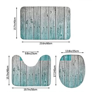 WONDERTIFY Wood Panels Bathroom Antiskid Pad Digital Tones Effect 3 Pieces Bathroom Rugs Set, Bath Mat+Contour+Toilet Lid Cover Teal Grey