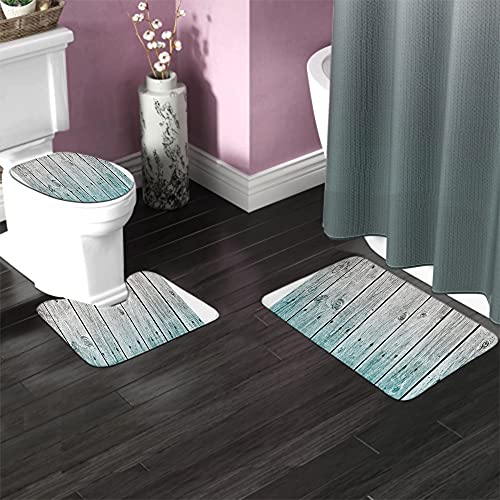 WONDERTIFY Wood Panels Bathroom Antiskid Pad Digital Tones Effect 3 Pieces Bathroom Rugs Set, Bath Mat+Contour+Toilet Lid Cover Teal Grey