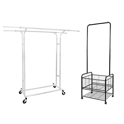 Fishat Heavy Duty Double Rod Garment Rack & Laundry Hamper Butler Cart Basket