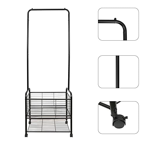 Fishat Heavy Duty Double Rod Garment Rack & Laundry Hamper Butler Cart Basket