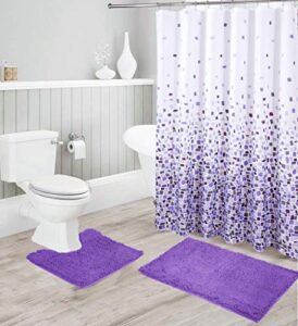 luxury chenille bath mats and ombré shower curtain set, ultra soft non-slip high pile water absorbent shaggy chenille bathroom rugs and abstract mosaic shower curtain 15 piece set-jasmine (purple)