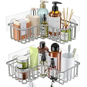 smartake corner shower caddy shower shelf 2 pack adhesive shower rack with hooks, sus 304 stainless steel shower organizer for bathroom toilet kitchen, shower storage for 90° wall (silver)