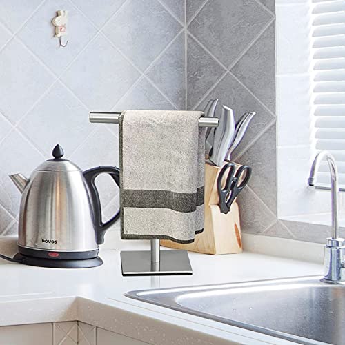 Hand Towel Holder, Stainless Steel Hand Towel Stand T-Shaped Silver Brushed Finish Freestanding Rack for Bathroom Kitchen Countertop with Square Base